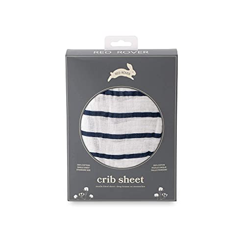 Red Rover Kids All-Cotton Muslin Fitted Crib Sheet- 52?x 28?x 9?- 100% Cotton - Machine Washable - Lightweight & Breathable - Playful Designs - Nursery, Crib, Bed - Unisex (Navy Stripe)