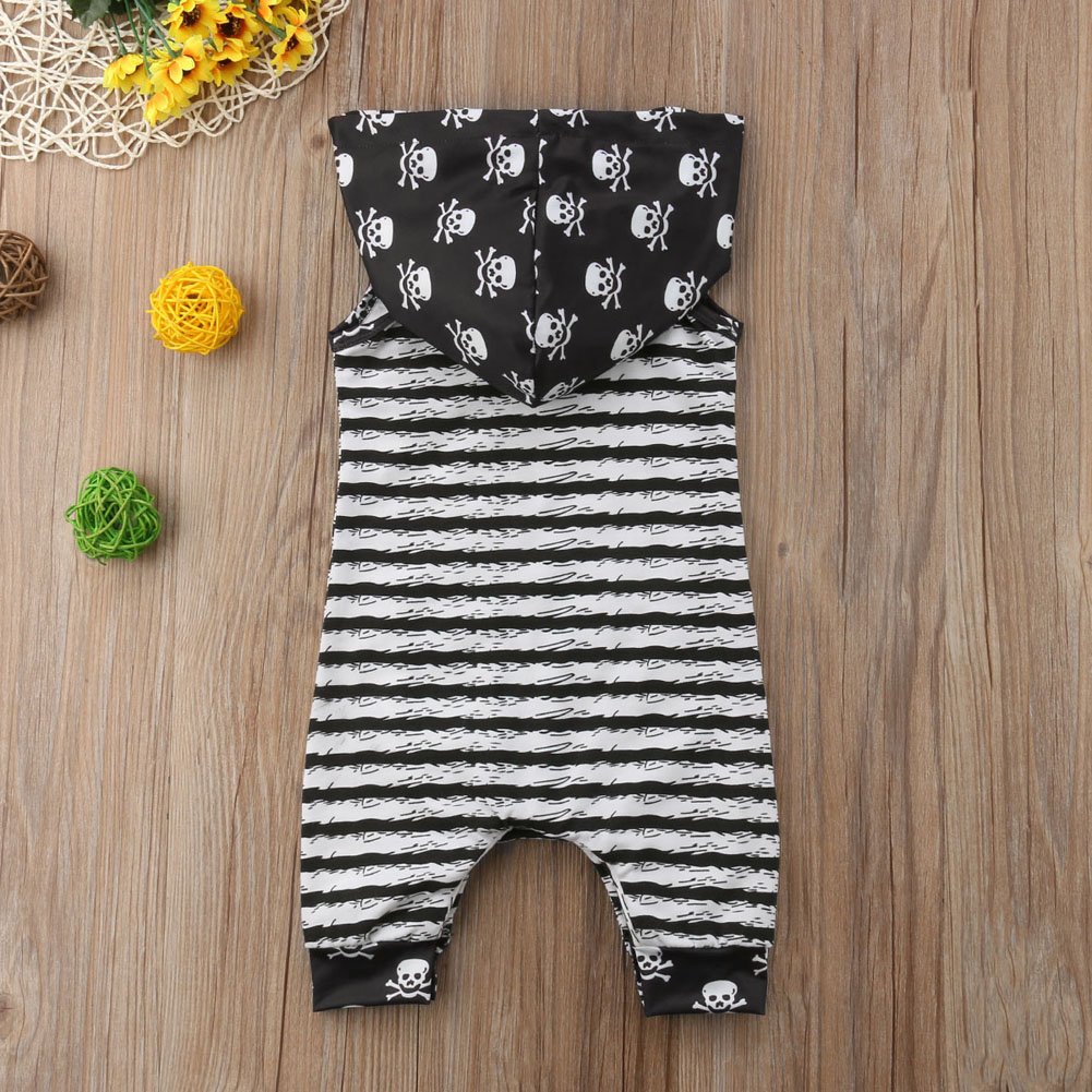 Xiaodriceee Newborn Baby Hooded Romper Boy Girl Sleeveless Striped Skull Jumpsuit Outfit Clothes 0-6 Months