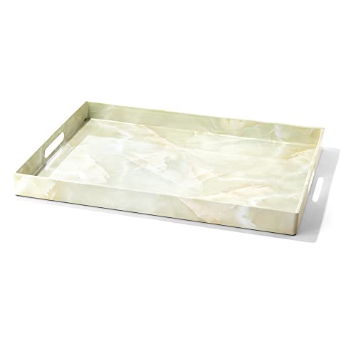 American Atelier Sand Color Rectangular Serving Tray – Large 14 x 19 inch Decorative Platter w/Carry Handles in Gorgeous Marble Finish for Food, Drinks, Ottoman or Centerpiece