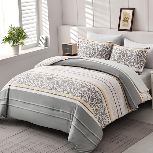 Grey Comforter Set King,7 Pieces Bed in a Bag Paisley Comforter for All Season Soft Microfiber Boho Bedding Set-1 Comforter, 1 Flat Sheet, 1 Fitted Sheet, 2 Pillow Shams,2 Pillowcases