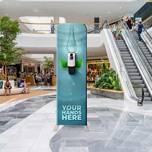 BannerBuzz Hand Sanitizer Automatic Dispenser Floor Stand Kit Touchless Machine with YOUR HANDS HERE Fabric Banner Stand Best for Hospital, Home, School, Office- 2 X 6.5 Ft (Double Side Print, Theme2)