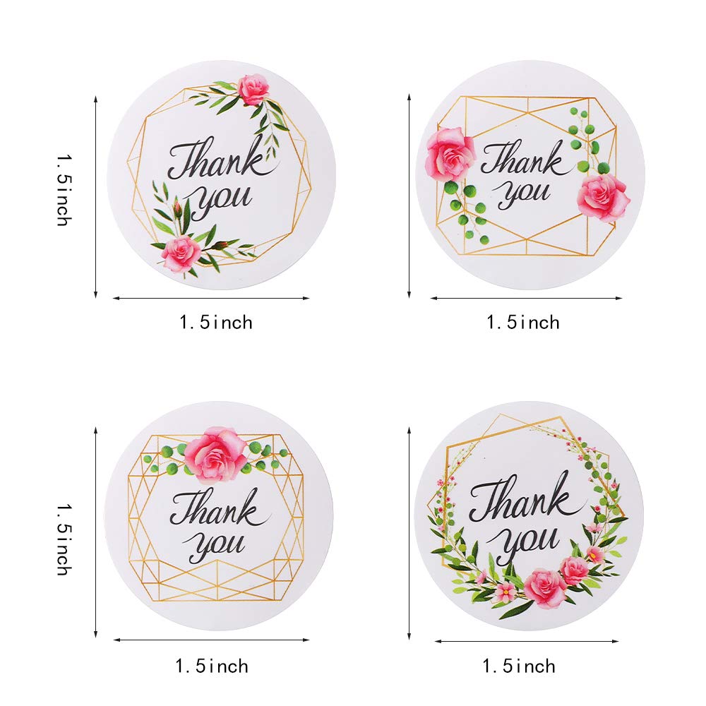 500 Thank You Label Stickers 1.5" Round 4 Rose Floral Design Packaging for Birthdays/Wedding//Party Gifts/Envelopes/Boutiques