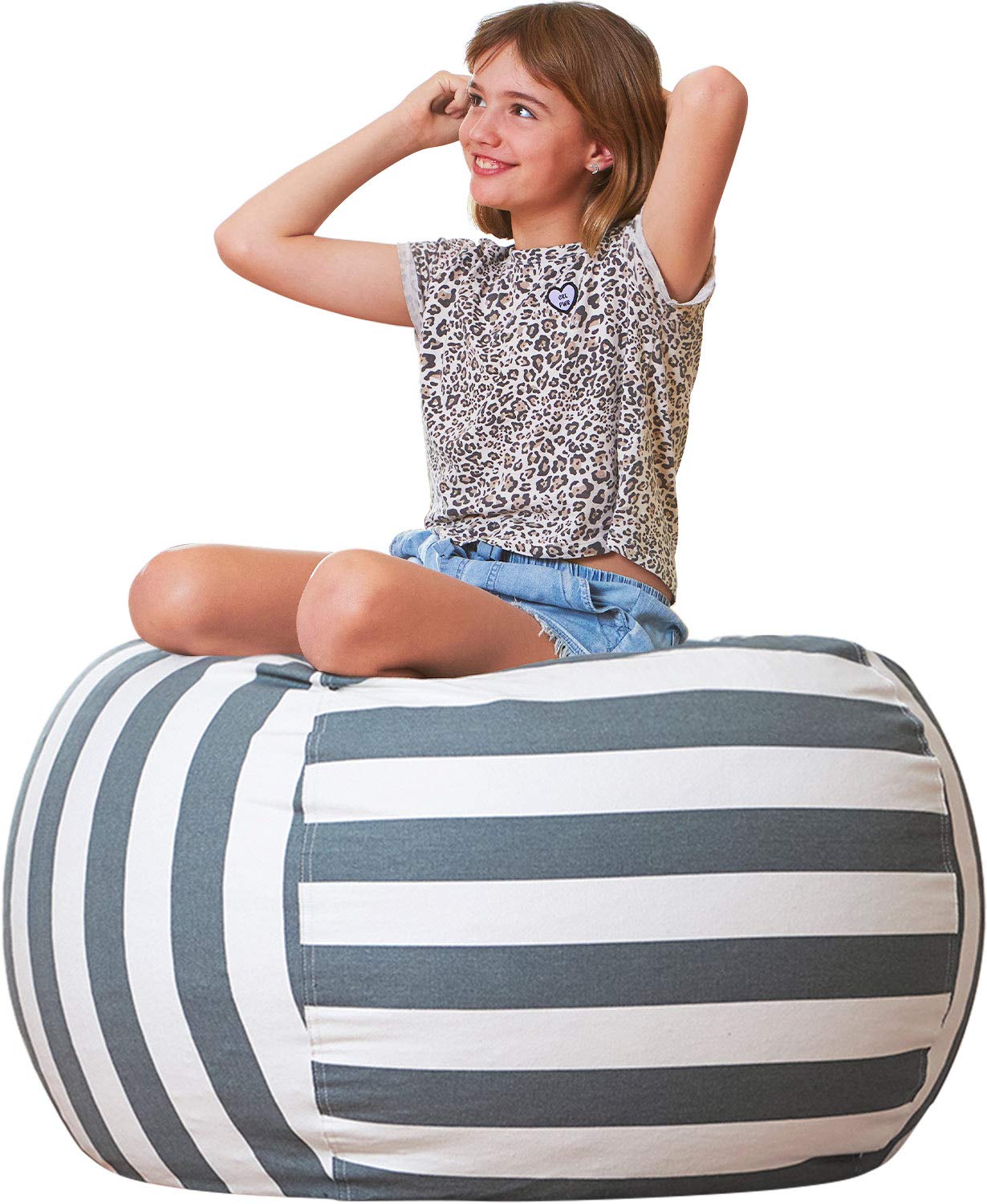 Aubliss Stuffed Animal Bean Bag Storage Chair, Beanbag Covers Only for Organizing Plush Toys, Turns into Bean Bag Seat for Kids When Filled, Medium 32"-Canvas Stripes Grey/White