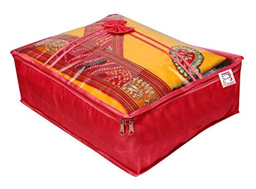 atorakushon Fabric Satin Saree and Blouse Covers Garments Clothes Storage Bag Wardrobe Organizers With Double Zip Lock & Transparent Window Set of 5 Maroon