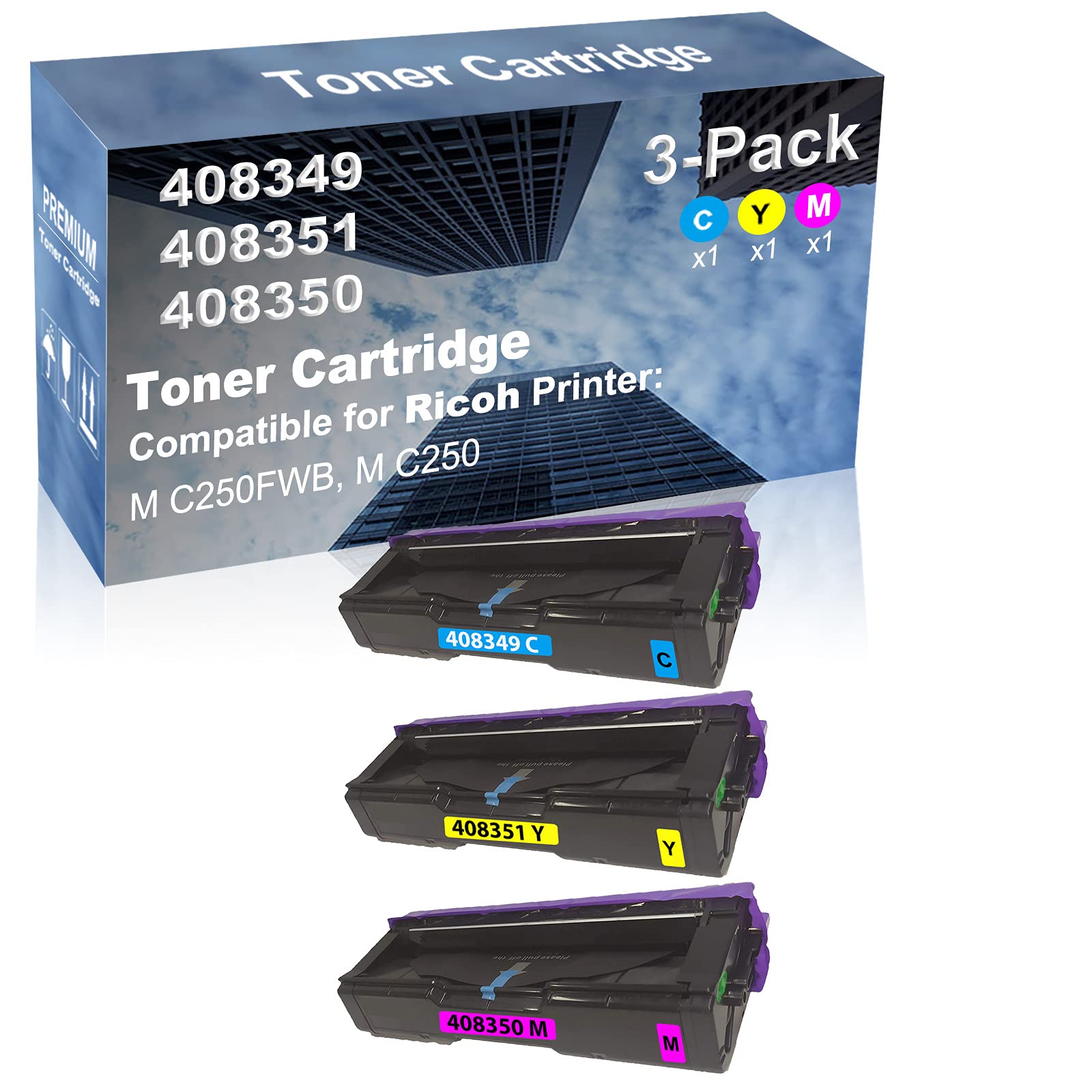 3-Pack (C+Y+M) Compatible M C250FWB, M C250 Printer Toner Cartridge High Capacity Replacement for Ricoh 408349+ 408351+ 408350 Toner Cartridge