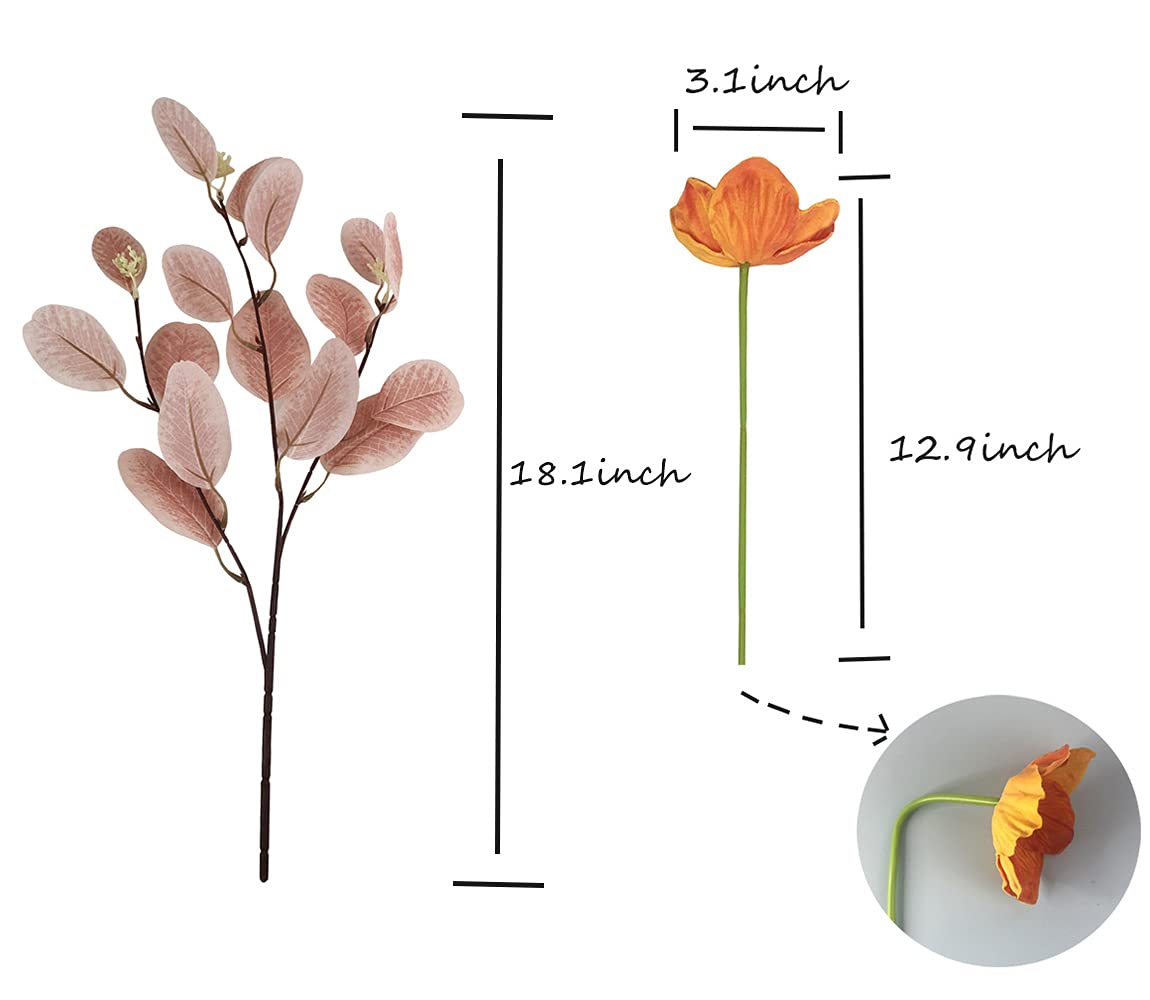 Auntroen Fake Flower Poppy Flower Leaf Combination Real Touch Latex Silk Fabric Artificial Flower, Kitchen Home Garden Party Wedding Decoration (Sunset+Pink) (B502)