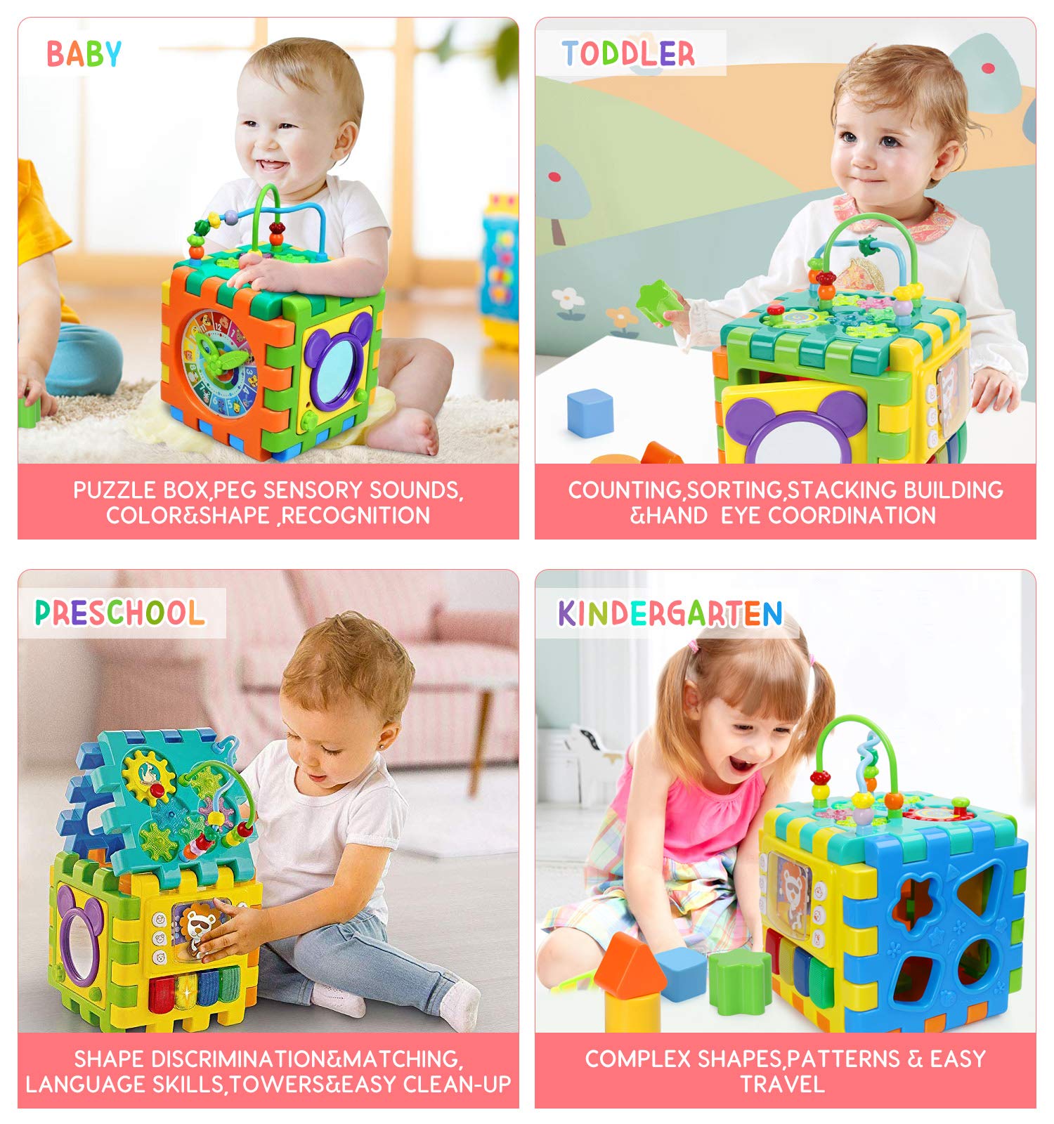 BBLIKE Baby Activity Cube for Toddlers, 6 in 1 Multipurpose Activity Play Center, Educational Toy for 1 2 3 Years Old Boys and Girls
