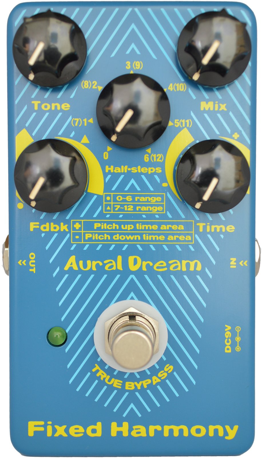 Aural Dream Fixed Harmony Guitar Pedal provides Delay Harmony and PitchShifting 24 semitones or Octave(s) effect for Cascaded harmony of the fixed scale difference,True Bypass