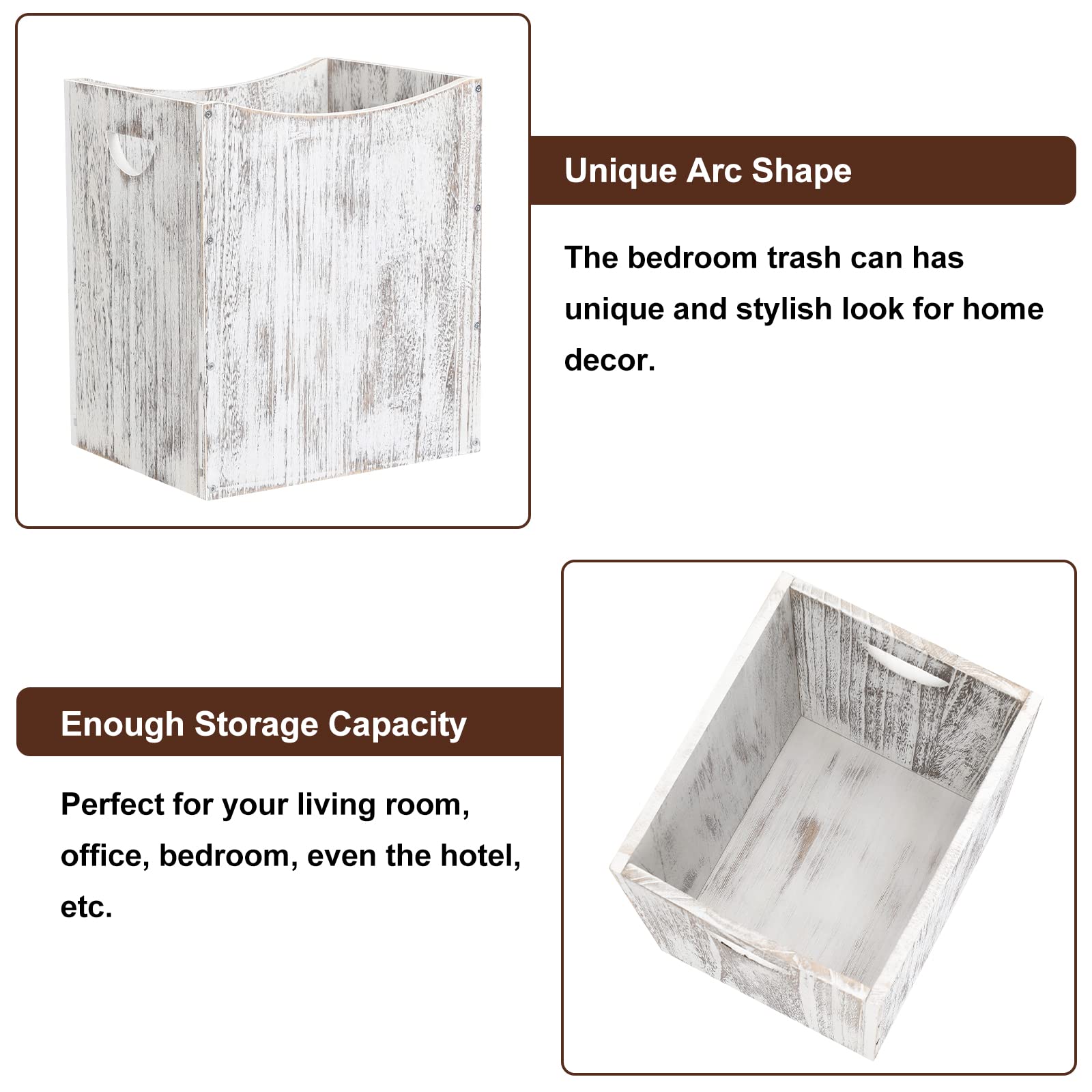 ETELI 2 Packs Wood Trash Can Rustic Waste Basket Small Wooden Garbage Can with Double Handles for Bedroom Bathroom Office Living Room, Rustic Grey White