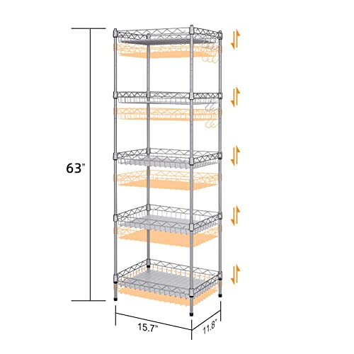 Guangfoshun Storage Shelves, 5-Tier Wire Shelving Unit with Baskets Storage Rack Corner Shelf Shelving Adjustable Storage Shelf, 11.8" D x 15.7" W x 62.99" H,Silver