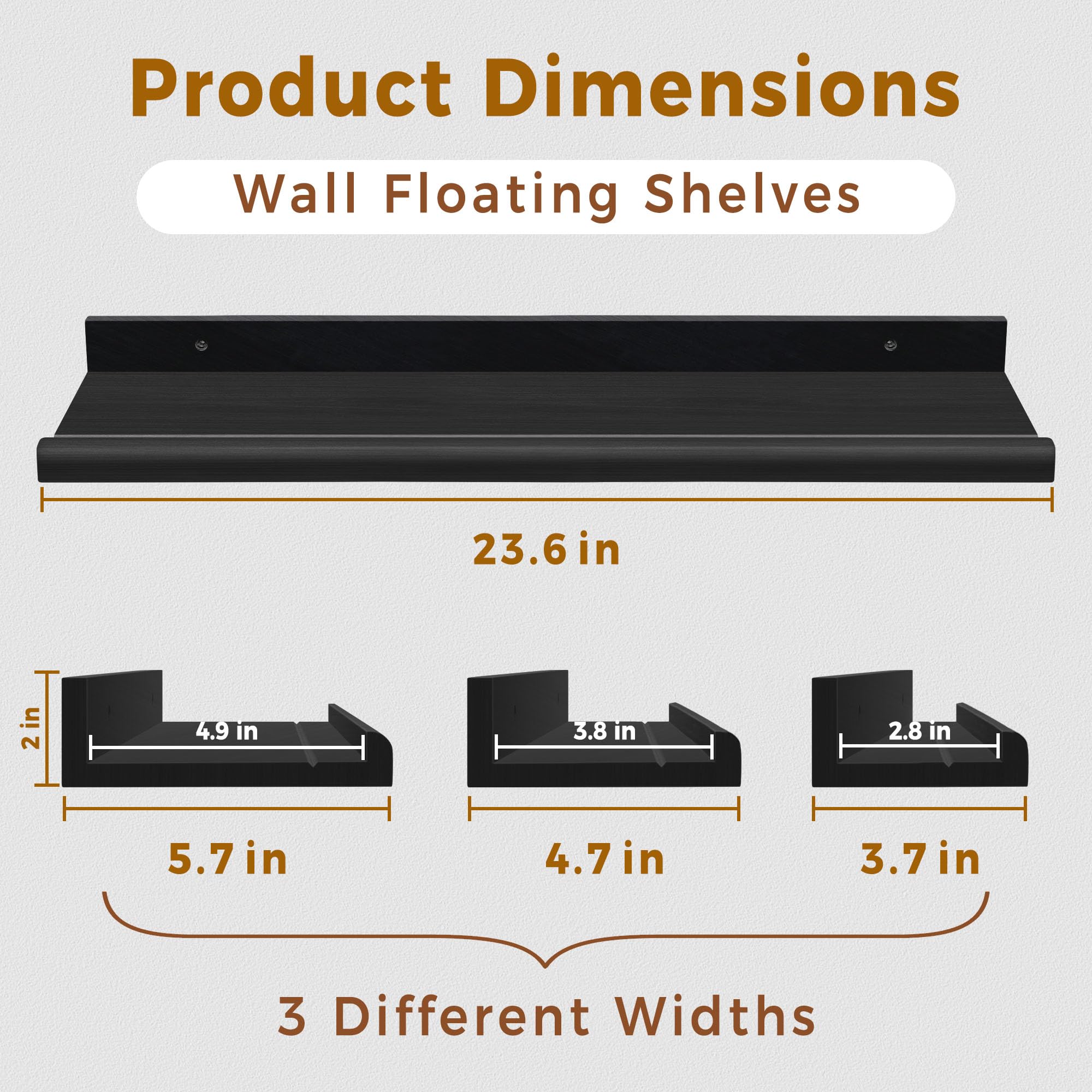 Annecy Floating Shelves, 23.6 Inch Floating Shelves for Wall, Wall Shelves Set of 3, Floating Shelves with Lip for Bathroom Kitchen Bedroom, 3 Different Widths, Dark Carbonized Black