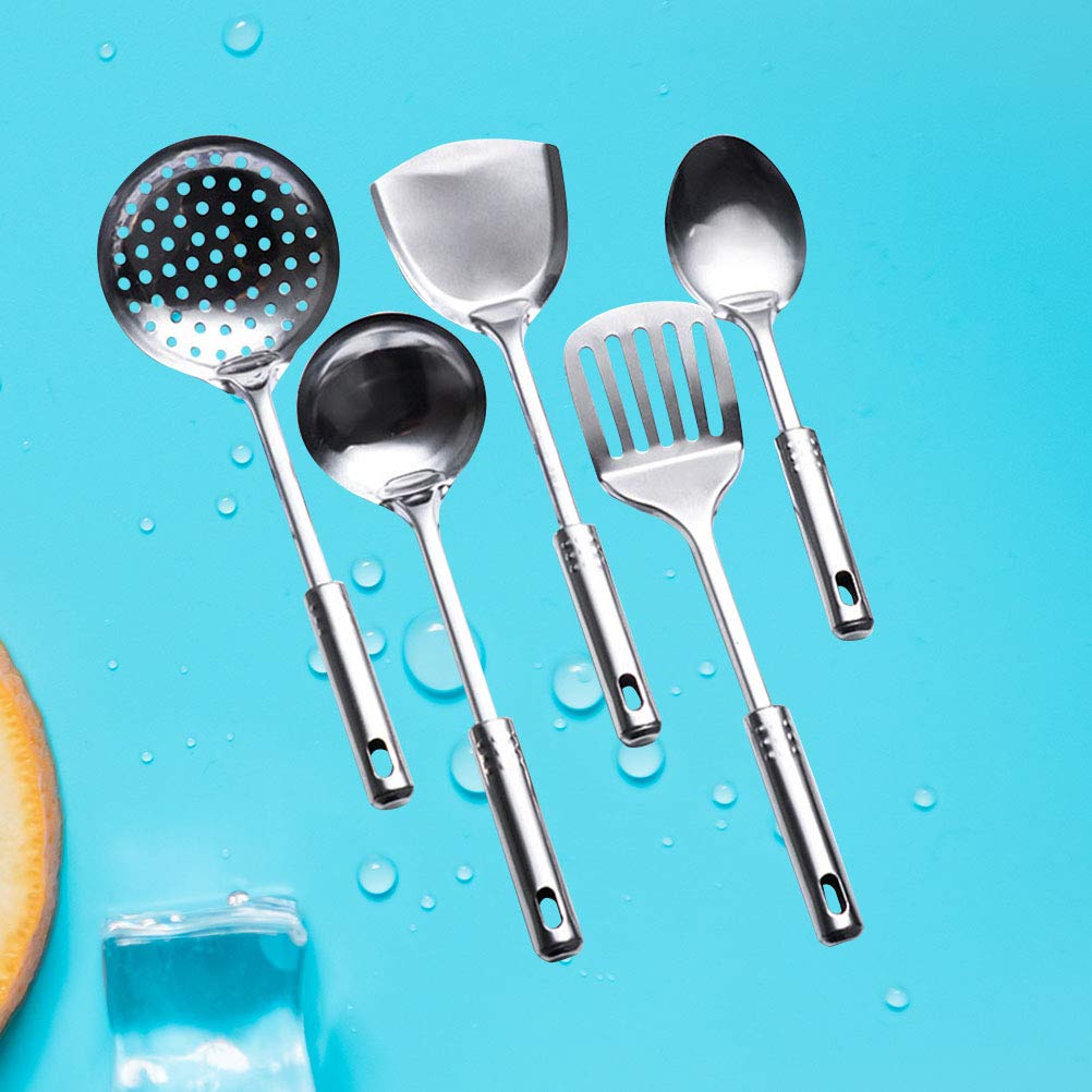 5 Pcs Stainless Steel Cookware Cooking Tools Chef Utensils Stainless Cookware Stainless Steel Scoop Stainless Steel Kitchen Utensils Kitchen Spatula Metal Seven Piece Set