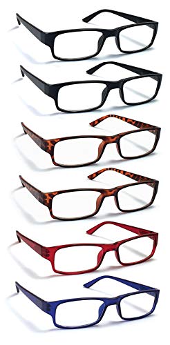 Boost Eyewear 6 Pack Reading Glasses, Traditional Frames in Black, Tortoise Shell, Blue and Red, for Men and Women, with Comfort Spring Loaded Hinges, Assorted Colors, 6 Pairs (2.00, 9, 2, 0, 0, 6)