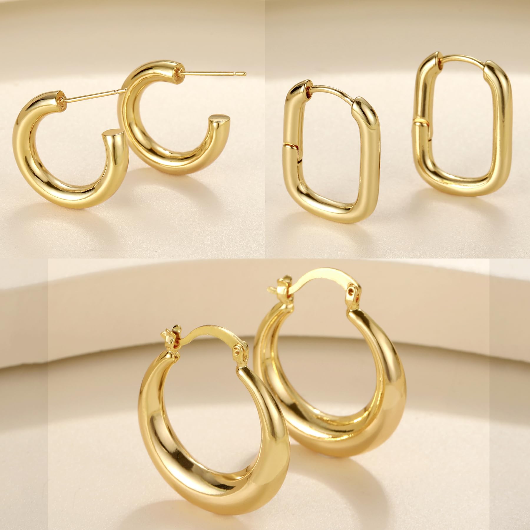 3 Pairs Gold Square Hoop Earrings for Women, 14K Real Gold Plated Lightweight Rectangular Earrings for Gifts (Square)
