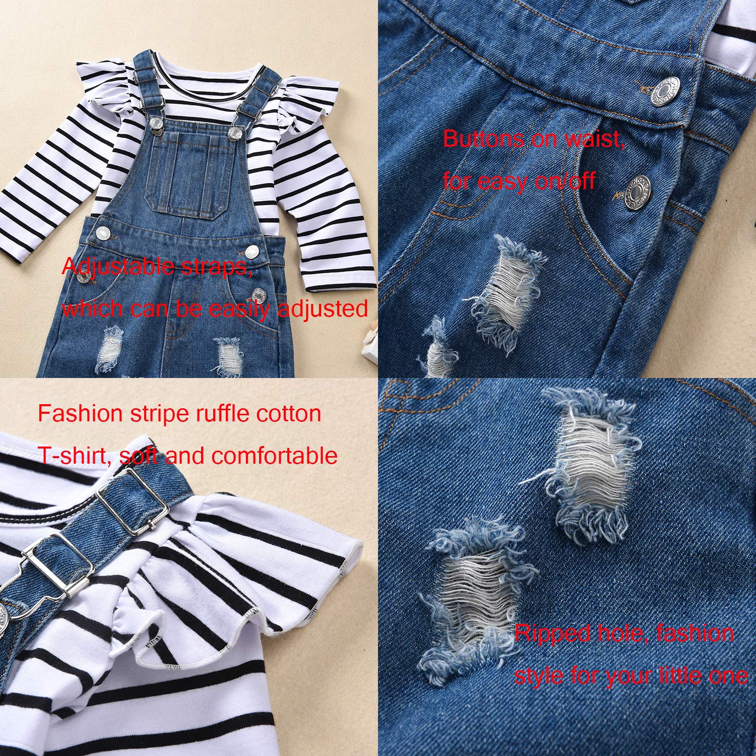 HINTINA 2PCS Baby Girls Clothes Toddler Jumpsuit Rompers Adjustable Overalls Set