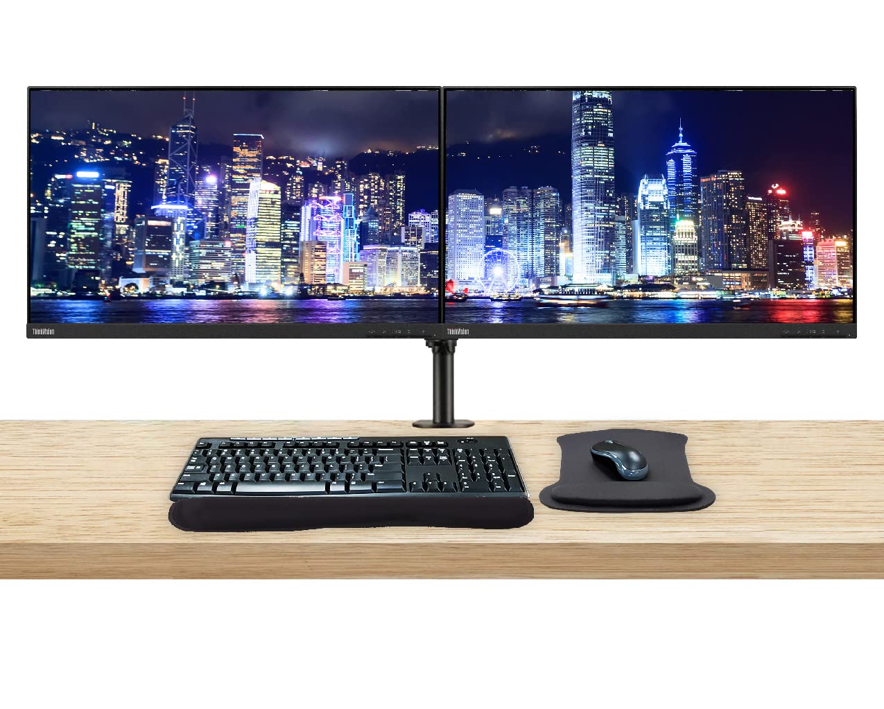 Lenovo ThinkVision S24e-20 23.8" Full HD WLED LCD Monitor 2-Pack Bundle with 1920 x 1080, Vertical Alignment, HDMI-VGA, Raven Black, MK270 Wireless Keyboard and Mouse, Gel Pads, Dual Monitor Stand