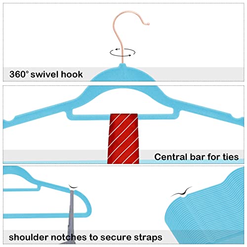 BBFISH Premium Velvet Suit Hangers 50 Pack Non Slip Clothes Hanger, 360 Degree Chrome Swivel Rose Gold Hook Strong and Durable Hold Up to 10 Lbs, Ultra Thin Coat Hangers (Sky Blue)