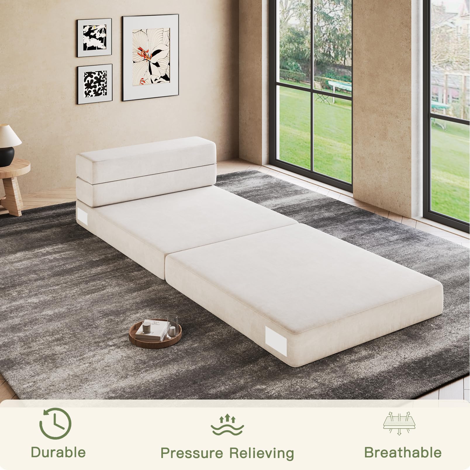 Luoxiao Folding Sofa Bed Single with Pillow, Portable Foldable Sofa Bed for Travel, Camping, Guest, Folding Lounge Chaise with Breathable & Washable Cover, Convertible and Easy to Storage, Off White