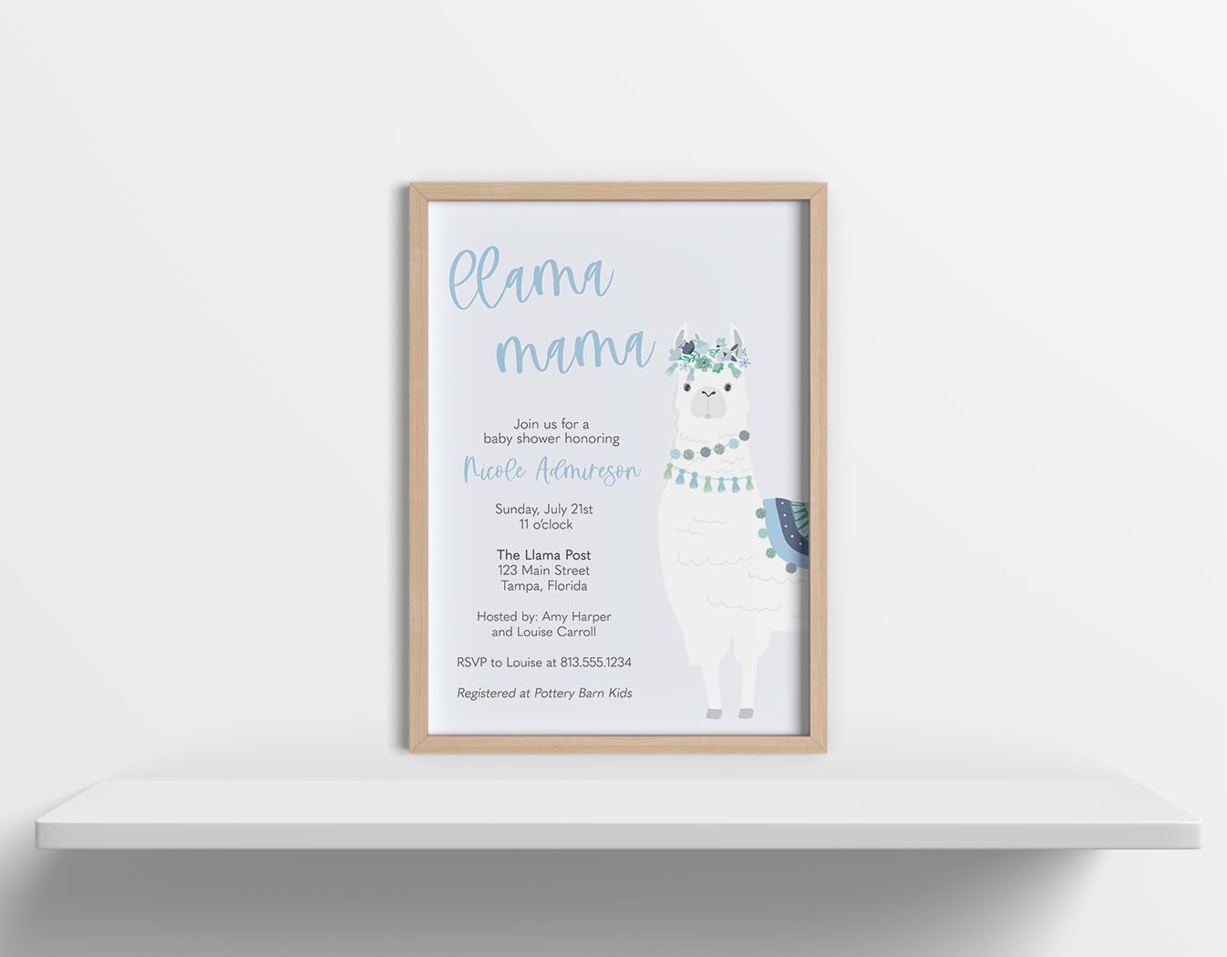 Llama Baby Shower Invitations Llama Mama Invites Blue Boy Boho Bohemian Fiesta Alpaca Custom Personalized Printed Cards (12 count)