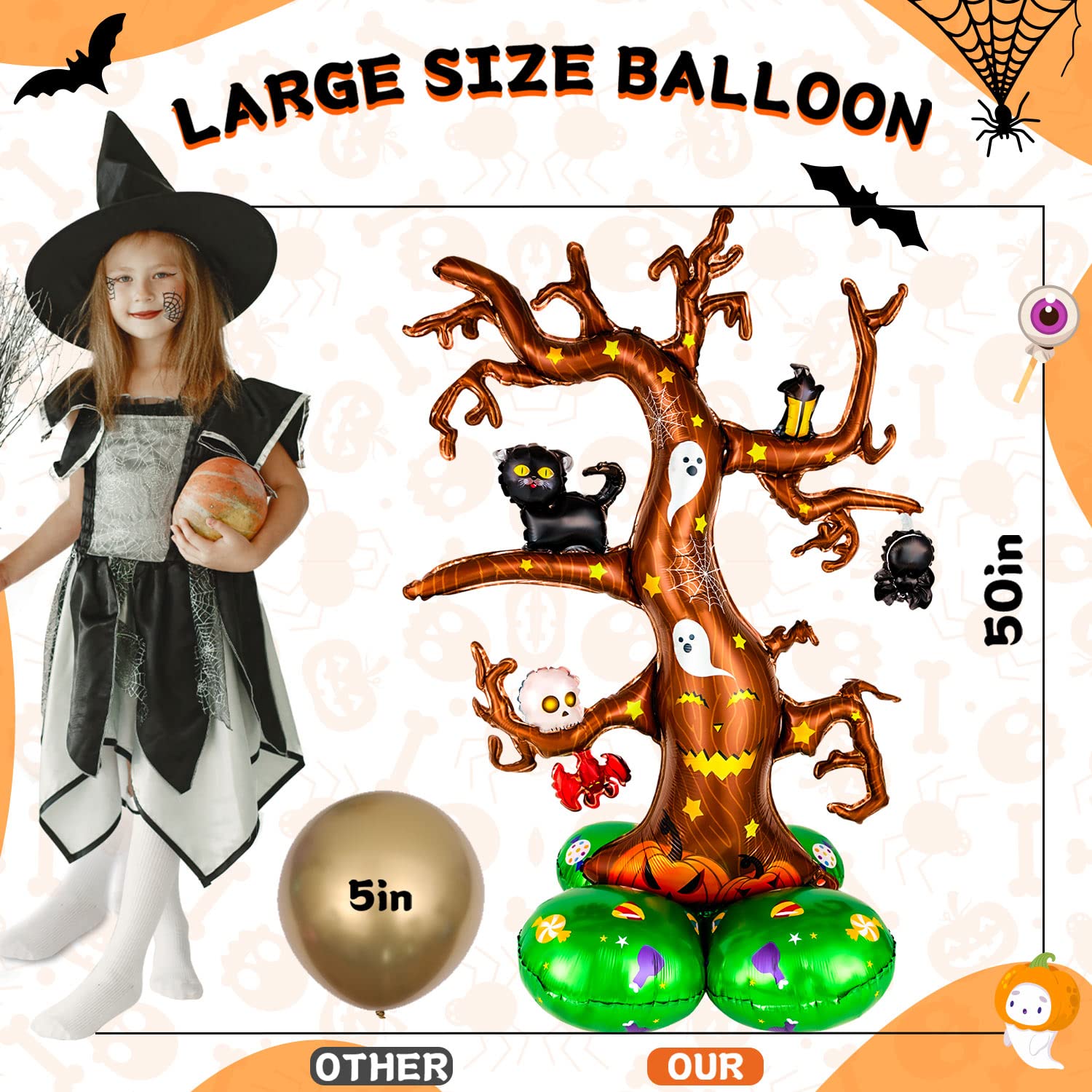 50IN 8Pcs Halloween Balloons, Large Giant Halloween Mylar Foil Pumpkin Witch Dead Tree Balloon for Halloween Party Decorations