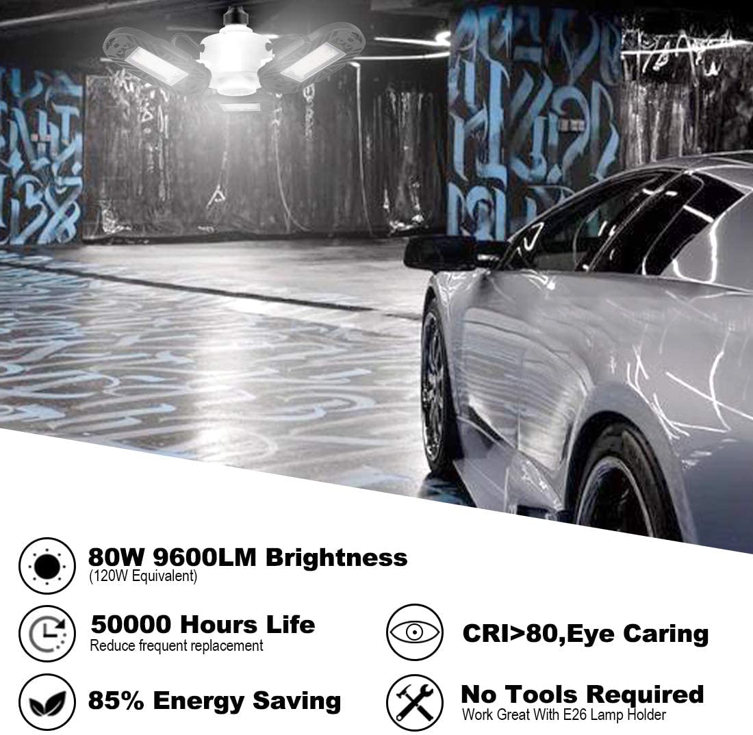 OOOLED 2 Pack LED Garage Lights, 80W LED Garage Lighting, Deformable LED Garage Lights Supporting E26 Screw Socket, 9600LM 6500K Super Bright White, LED Lights for Garage, Workshop, Basement