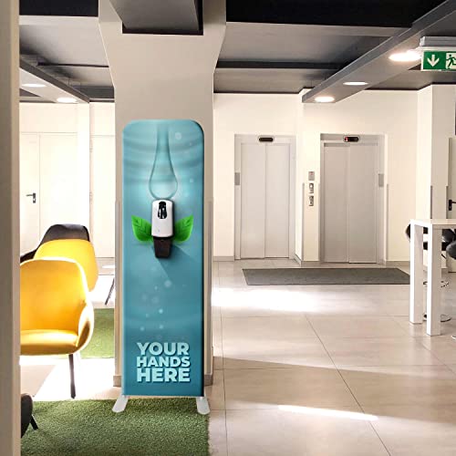 BannerBuzz Hand Sanitizer Automatic Dispenser Floor Stand Kit Touchless Machine with YOUR HANDS HERE Fabric Banner Stand Best for Hospital, Home, School, Office- 2 X 6.5 Ft (Double Side Print, Theme2)