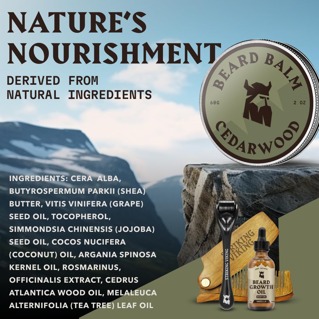 Striking Viking Beard Balm for Men - Leave-In Beard Conditioner - Styling Balm with Natural Butter - Argan & Jojoba Oils, Strengthens & Softens (Cedar Scent, 2 Oz) - Mustache Wax