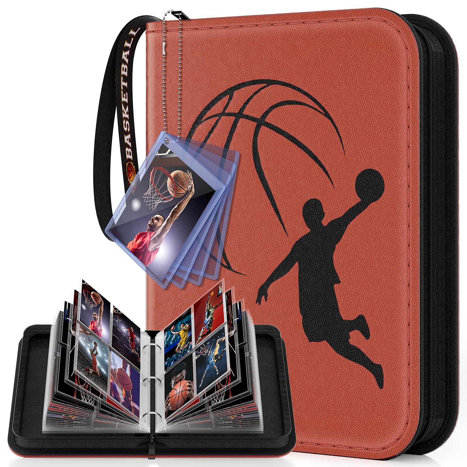 Basketball Card Binder 440 Pocket, Sports Card Binder with Toploaders Card Display, Premium Basketball Card Holder with Basketball Pattern Wristband Fit for Basketball Cards 2024-2025, Sports Cards