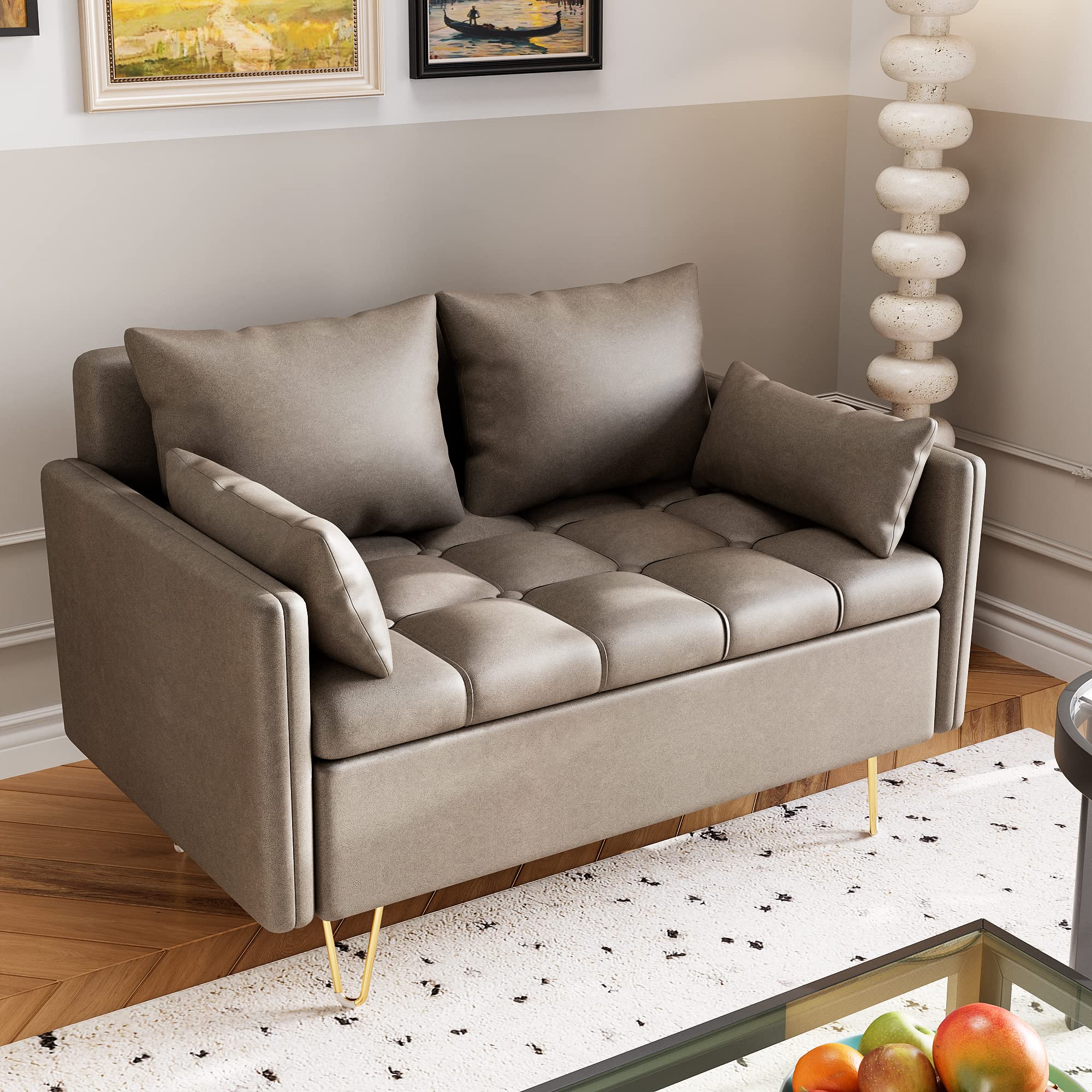 44.5 Inch Small Modern Loveseat Sofa Couch with Storage Under Seat Cushion, Comfy Leather Fabric 2-Seat Sofa with 4 Pillows,Memory Foam, for Small Spaces, Living Room, Bedroom, Dark Brown