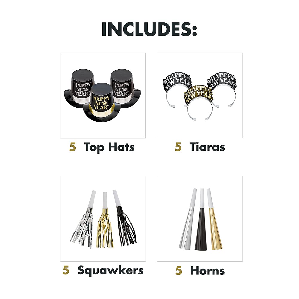 amscan Midnight Elegance Black, Gold and Silver 2025 New Year's Eve Party Decorations Supplies for 10, Includes Top Hats and Tiaras