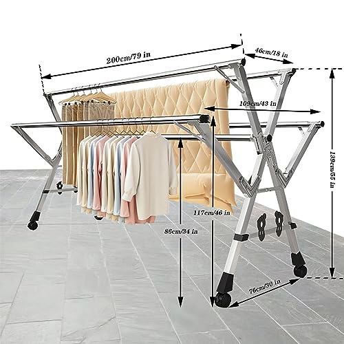 ATYUJKB Laundry Room Collapsible Clothes Drying Rack, Five Pole Drying Rack Stainless Steel, Laundry Stand Organizer with Wheels, Clothes Drying Rack Outdoor (200cm/79in)