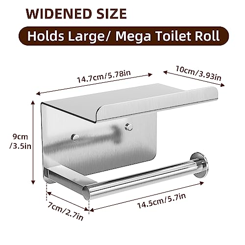 Adhesive Toilet Paper Holder with Phone Shelf, Wall Mounted Toilet Paper Roll Holder, Rustproof Bathroom Tissue Roll Holder with Shelf, Sticky Toilet Paper Roll Holder- Silver
