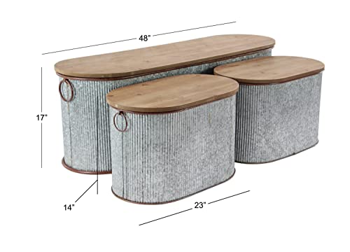 Deco 79 Metal Storage Bench with Brown Wood Top, Set of 3 48", 23", 23"W, Brown