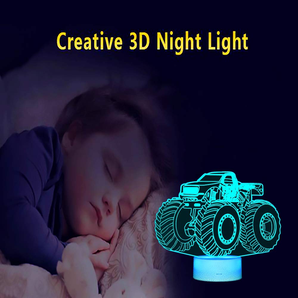 Night Lights for Kids Monster Truck 3D Night Light Bedside Lamp 7 Colors Changing with Remote Control and Timing Function Best Birthday Gifts for Boys Girls Kids Baby
