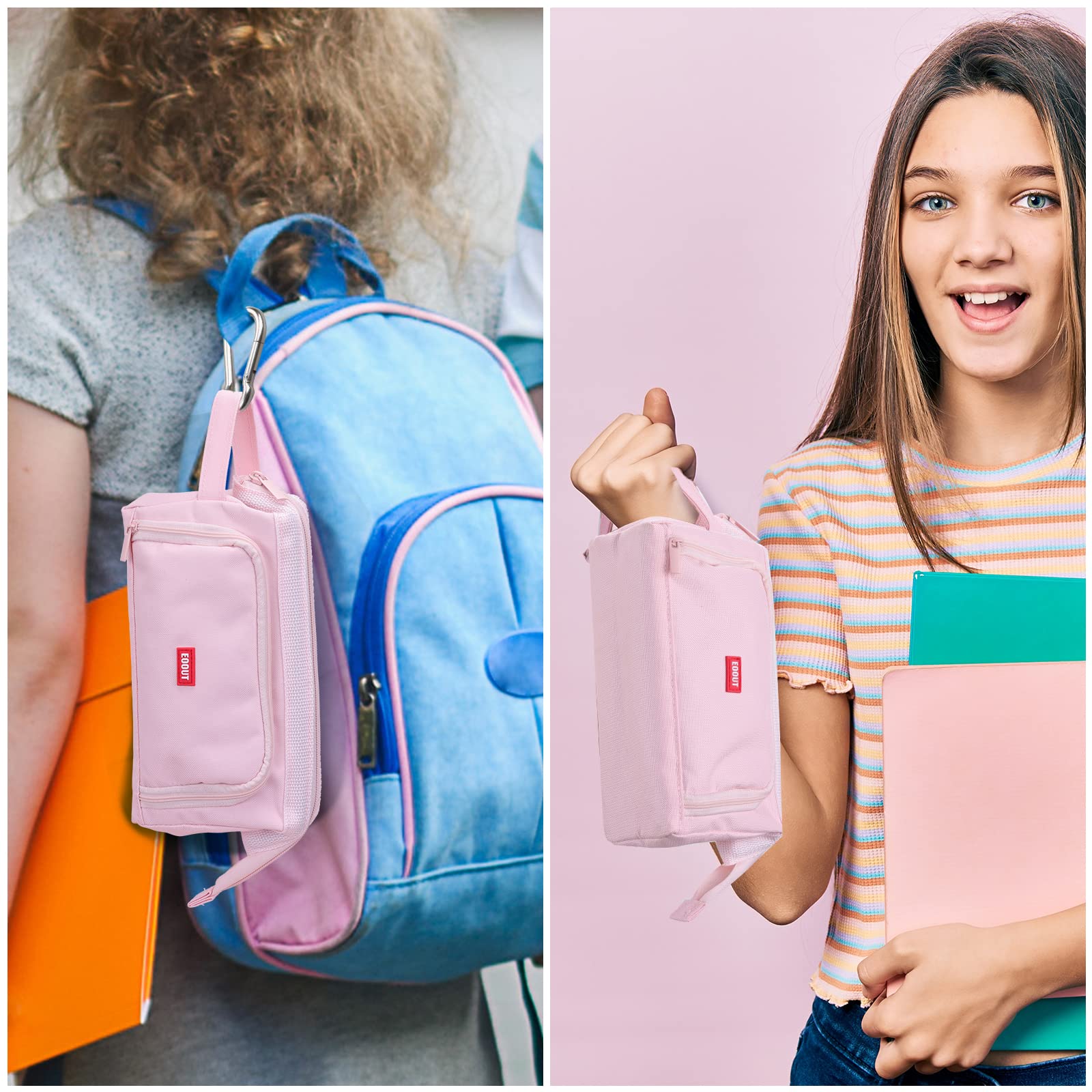 EOOUT Large Pencil Case, Big Capacity Pencil Bag with 3 Compartments, Can Hold 100 Pencils,Aesthetic School Supplies For Girls, Pink (Pink)