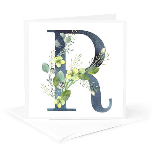 3dRose Greeting Card - Blue Monogram Initial R With Pretty Yellow Wild Flowers - Floral Monograms