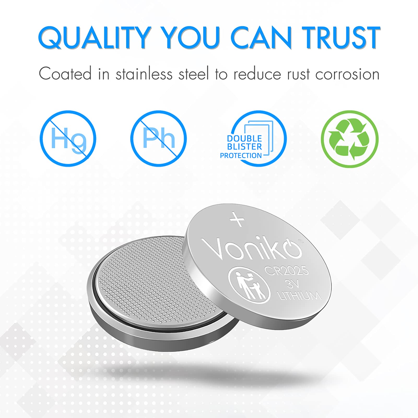 Voniko 3 Volt CR2025 Battery 6 Pack β CR 2025 Button Cell Battery β 2025 Lithium Coin Batteries, 7 Years Shelf Life