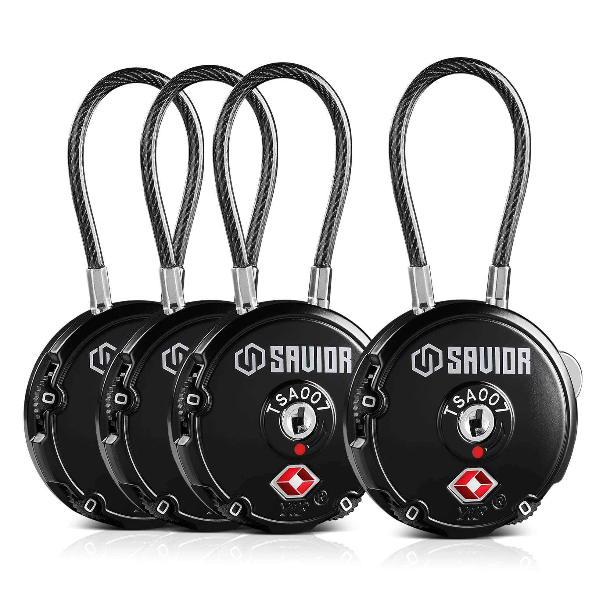 Savior Equipment Quality TSA-Approved 3-Digit Combination Cable Travel Luggage Locks for Rifle Bag Firearm Gun Case Accessories Ammo Boxes Outdoor Storage, Obsidian Black, 4-Pack