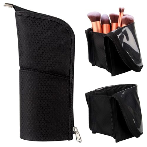 Makeup Brush Case Travel Makeup Brush Holder Large Makeup Brush Bag Professional Cosmetic Bag Artist Storage Bag Essentials Stand-up Foldable Makeup Cup Waterproof (Black, Large)