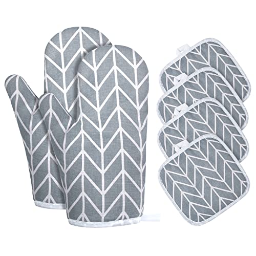 AUAUY Oven Mitts and Potholders BBQ Gloves-Oven Mitts and Pot Holders with Recycled Infill Silicone Non-Slip Cooking Gloves for Cooking Baking Grilling (6-Piece Set,Grey)