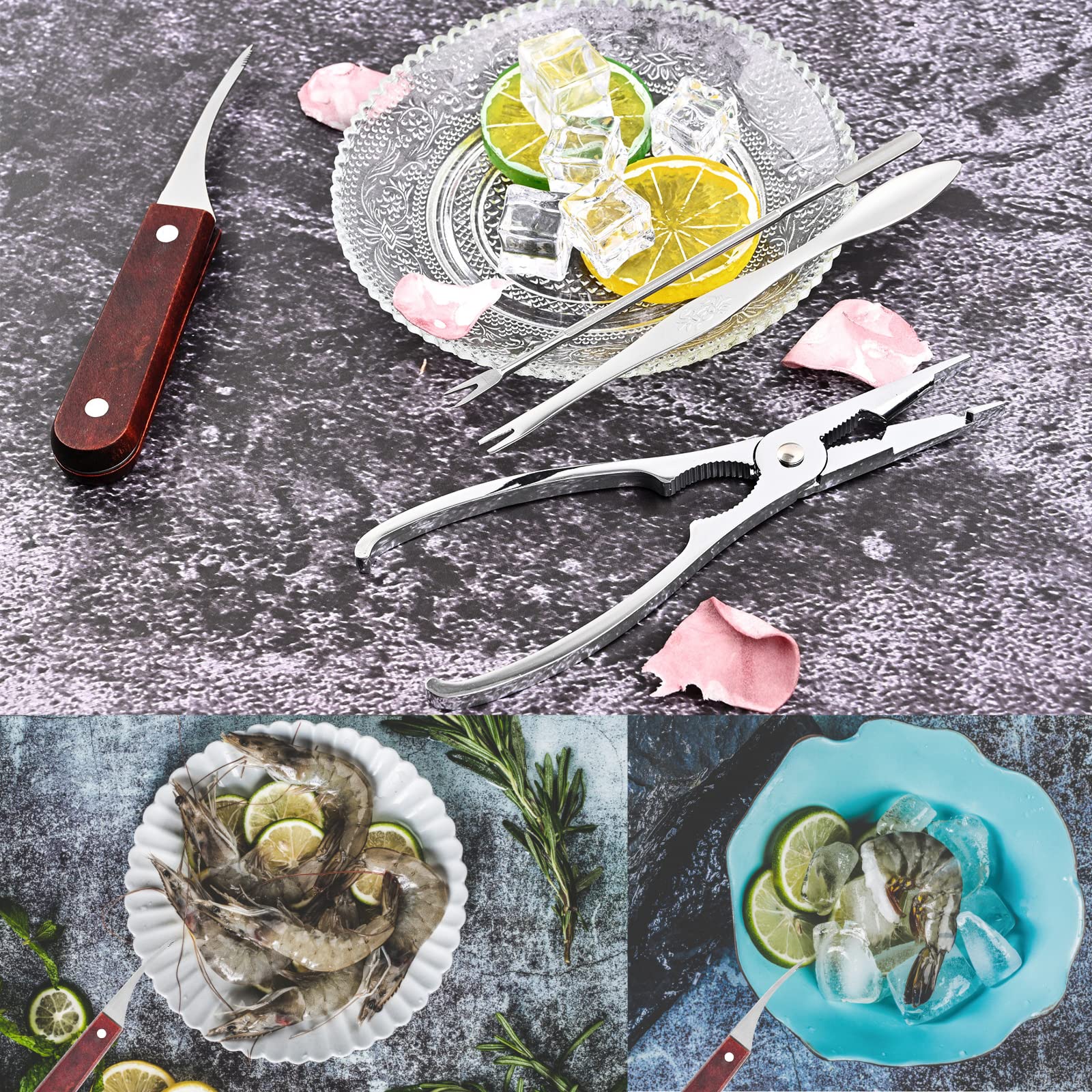 4pcs Seafood Tools Set, 1pc Lobster Crab Cracker Seafood Crab Leg Cracker 1pcs Shrimp Peeler Portable Shrimp Cleaner Knife with Wooden Handle 2pcs Lobster Forks Crab Forks Nut Forks