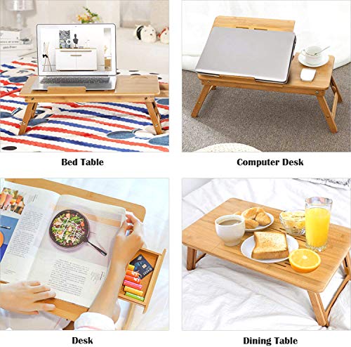 Bamboo Laptop Desk, Adjustable Portable Breakfast Serving Bed Tray with Tilting Top Drawer for Surfing Reading Writing Eating (Bamboo)