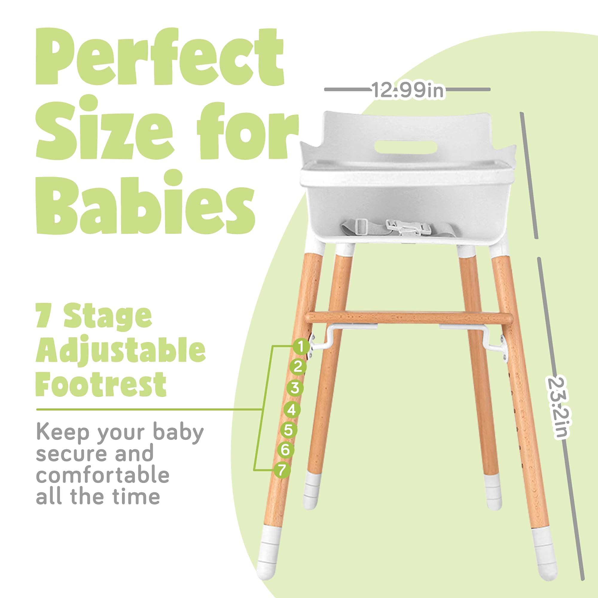 Wooden High Chair for Babies and Toddlers - with Harness, Removable Tray, and Adjustable Legs