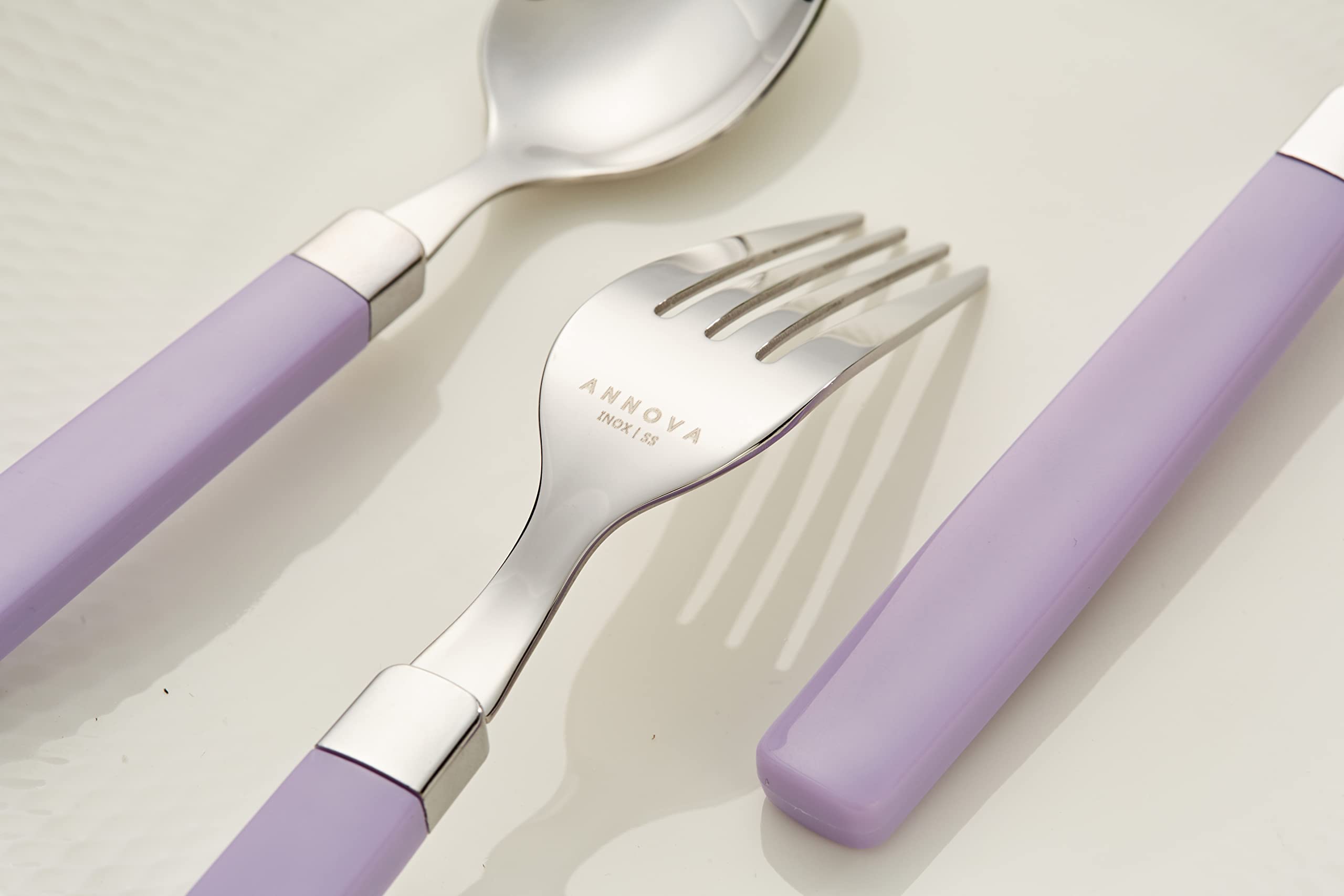 ANNOVA 20 Pieces Stainless Steel Flatware/Cutlery Set - Color Handles - 4 x Dinner Forks, 4 x Salad Forks, 4 x Dinner Knives, 4 x Dinner Spoons, 4 x Dessert Spoons - Service for 4 (Lilac, 20 Pieces)