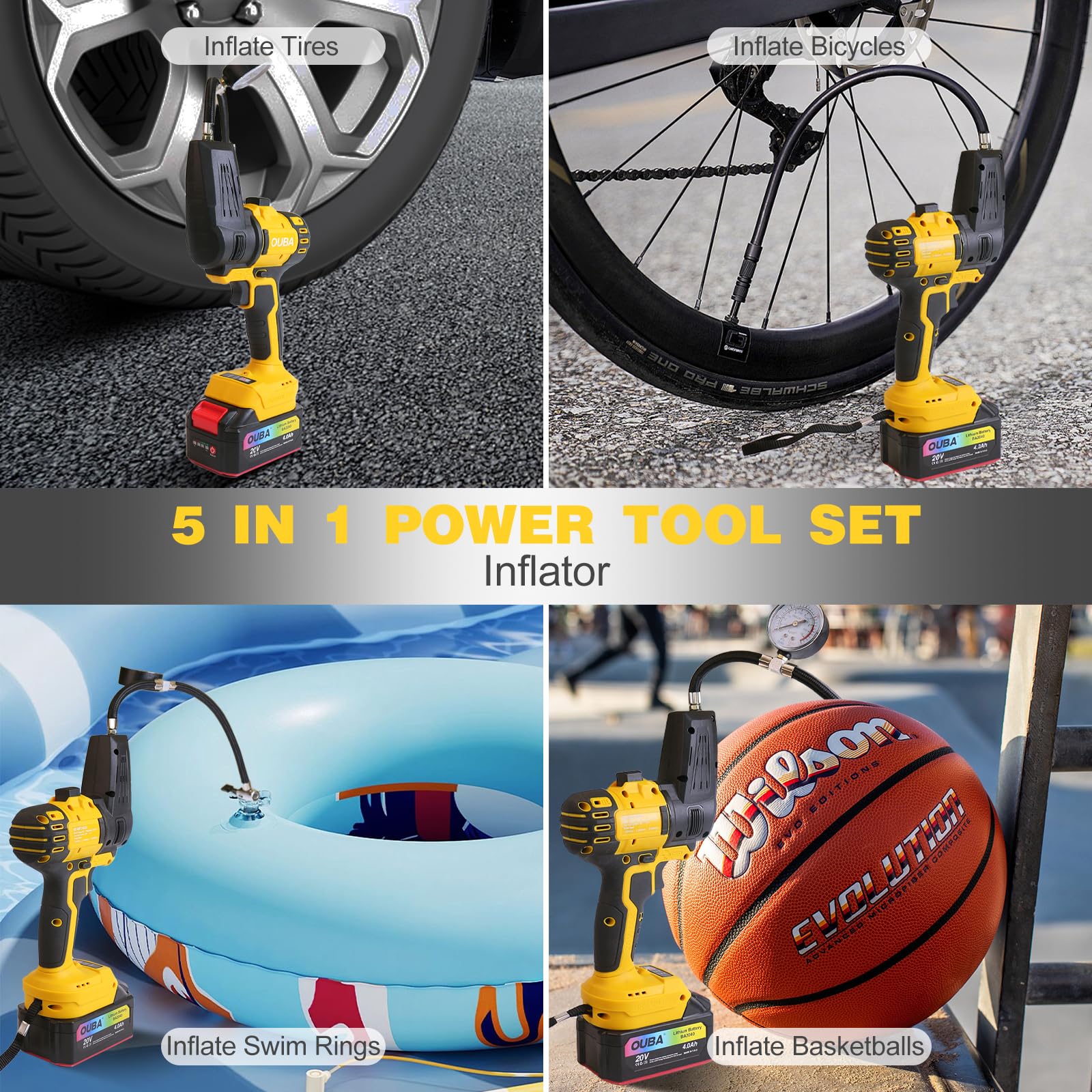 OUBA Power Tool Combo Kits, Drill, Mini Chainsaw, Reciprocating Saw, Angle Grinder, Inflatable Pump, 5-in-1 Cordless Power Tool Set, With 2 Batteries, 54 PCS Tool Accessories, Versatile Applicability