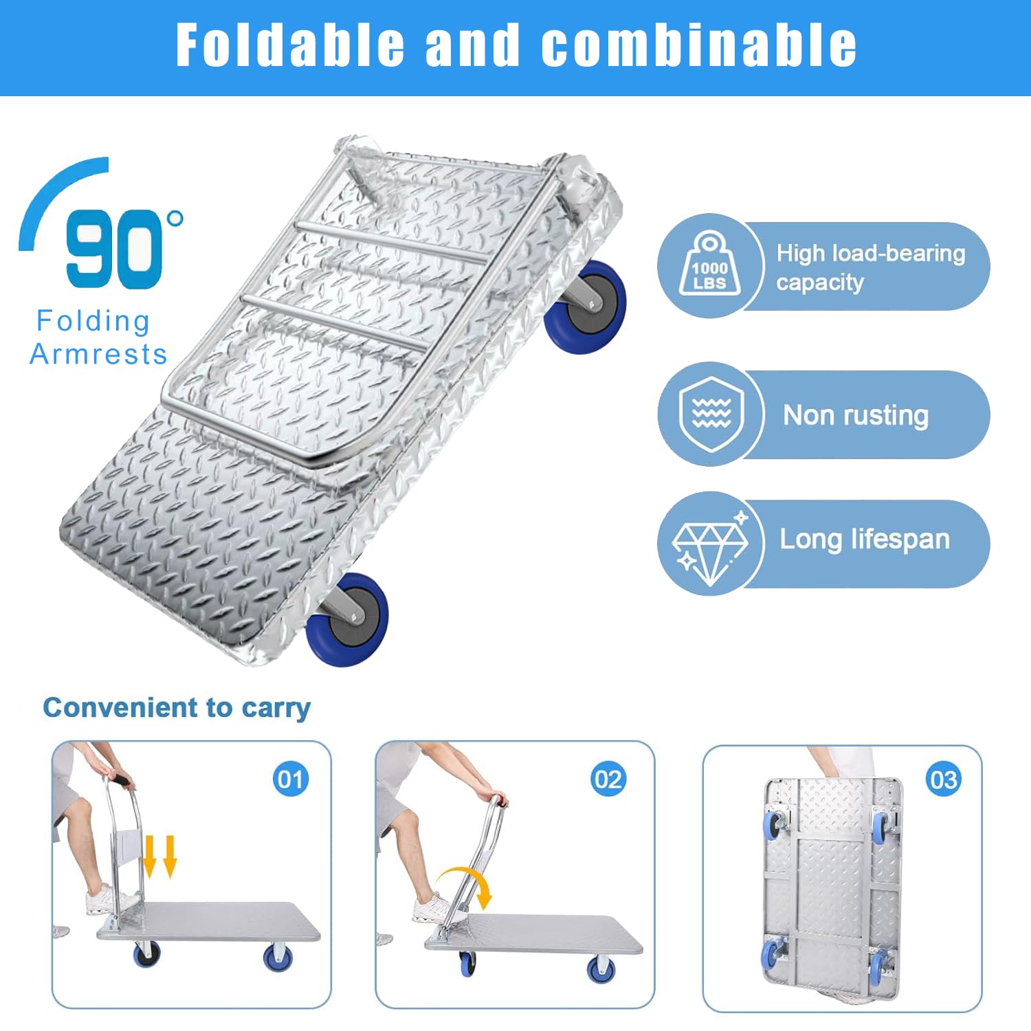 36" L x24 W Platform Truck Steel Foldable Push Cart,2000 LBS Capacity Heavy-Duty Moving Platform Trucks Hand Cart for Groceries, Warehouse Transport with 5’ Nylon Casters