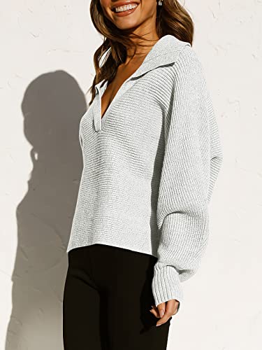 ANRABESS Women Polo V Neck Batwing Long Sleeve Casual Oversized Ribbed Knit Fall Pullover Sweater Top 599bai-L White