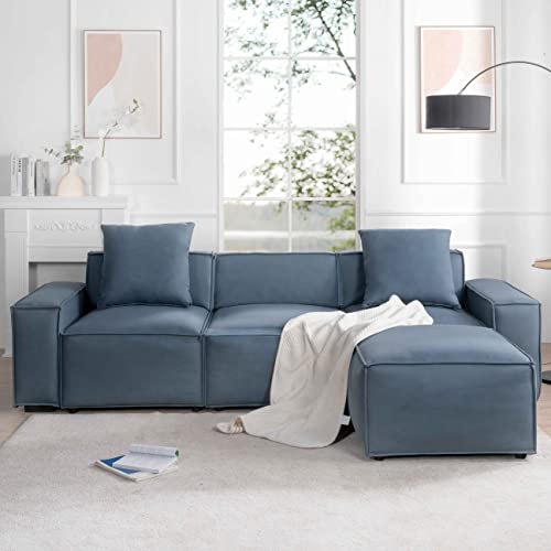 ATY L Shaped Sectional Sofa with Removable Ottomans and 2 Pillows, Living Room Polyester Couch w/Low Backrest & Wide Armrest, for Home, Apartment, Office, Livingroom, Blue Gray