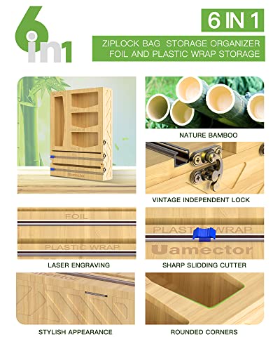 Bamboo Ziplock Bag Storage Organizer, 6 In 1 Foil and Plastic Wrap Organizer for Kitchen Drawer, Uamector  Aluminum Foil Dispenser with Cutter, Compatible within 12" Roll 