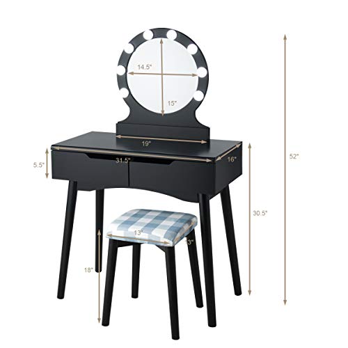 AUGESTER Vanity Set with 8 Lighted Bulbs Mirror, Makeup Dressing Table w/Replaceable and Adjustable Lights Cushioned Stool & 2 Sliding Drawers, Compact Makeup Table Chair for Bedroom (Black)